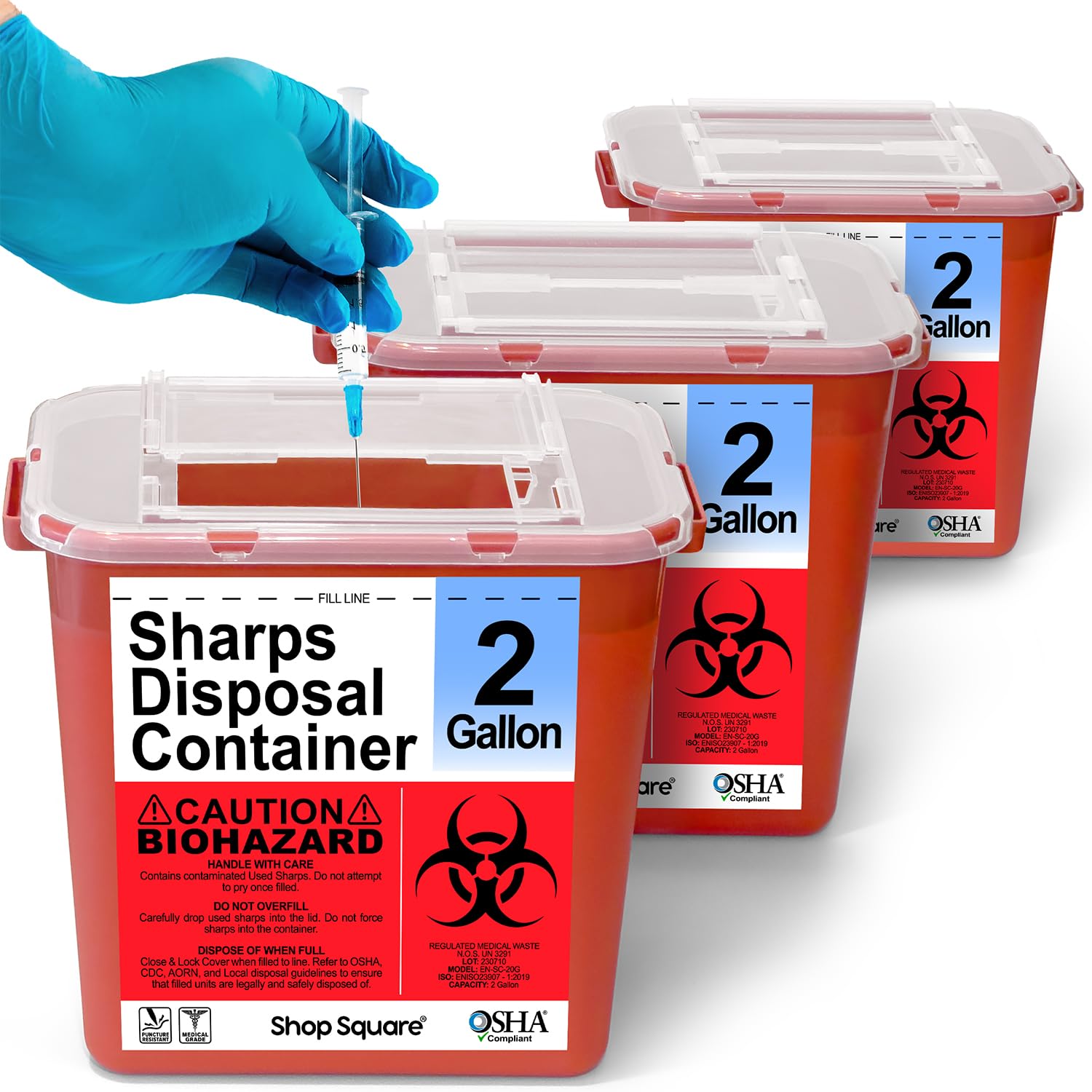 Sharps Container 2 Gallon (3-Pack) - Sharps Containers for Home Use, Needle Disposal Containers, Sharps Bin, Professional Grade Biohazard Containers, Sharps Box for Needles