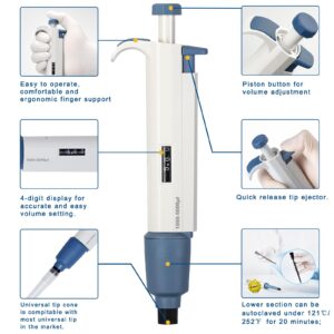 Huwazine Micropipette 1-5ml, Adjustable Pipettor for Laboratory, Single Channel Lab Pipette,Half-Autoclavable 1000-5000ul