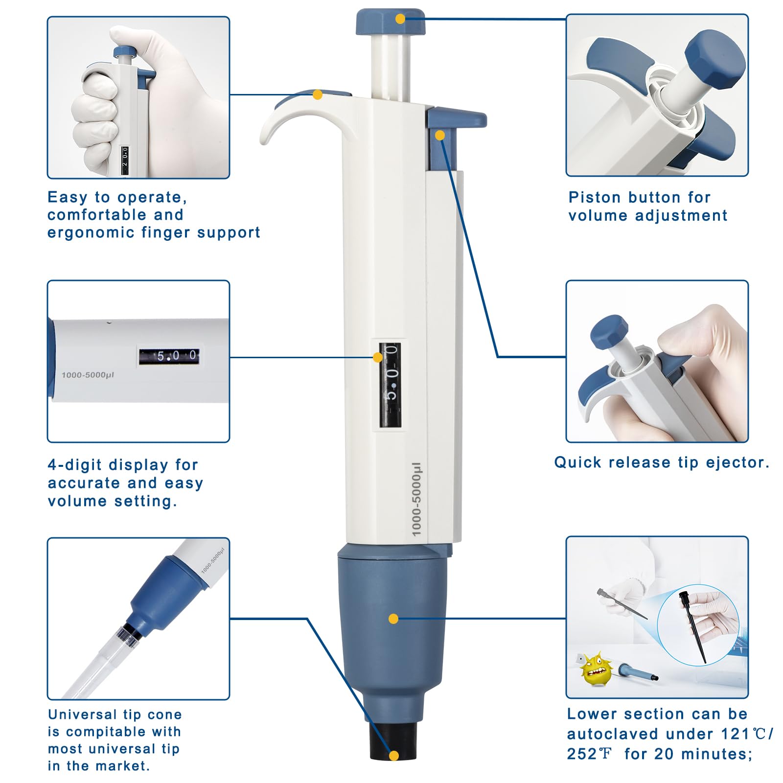 Huwazine Micropipette 1-5ml, Adjustable Pipettor for Laboratory, Single Channel Lab Pipette,Half-Autoclavable 1000-5000ul