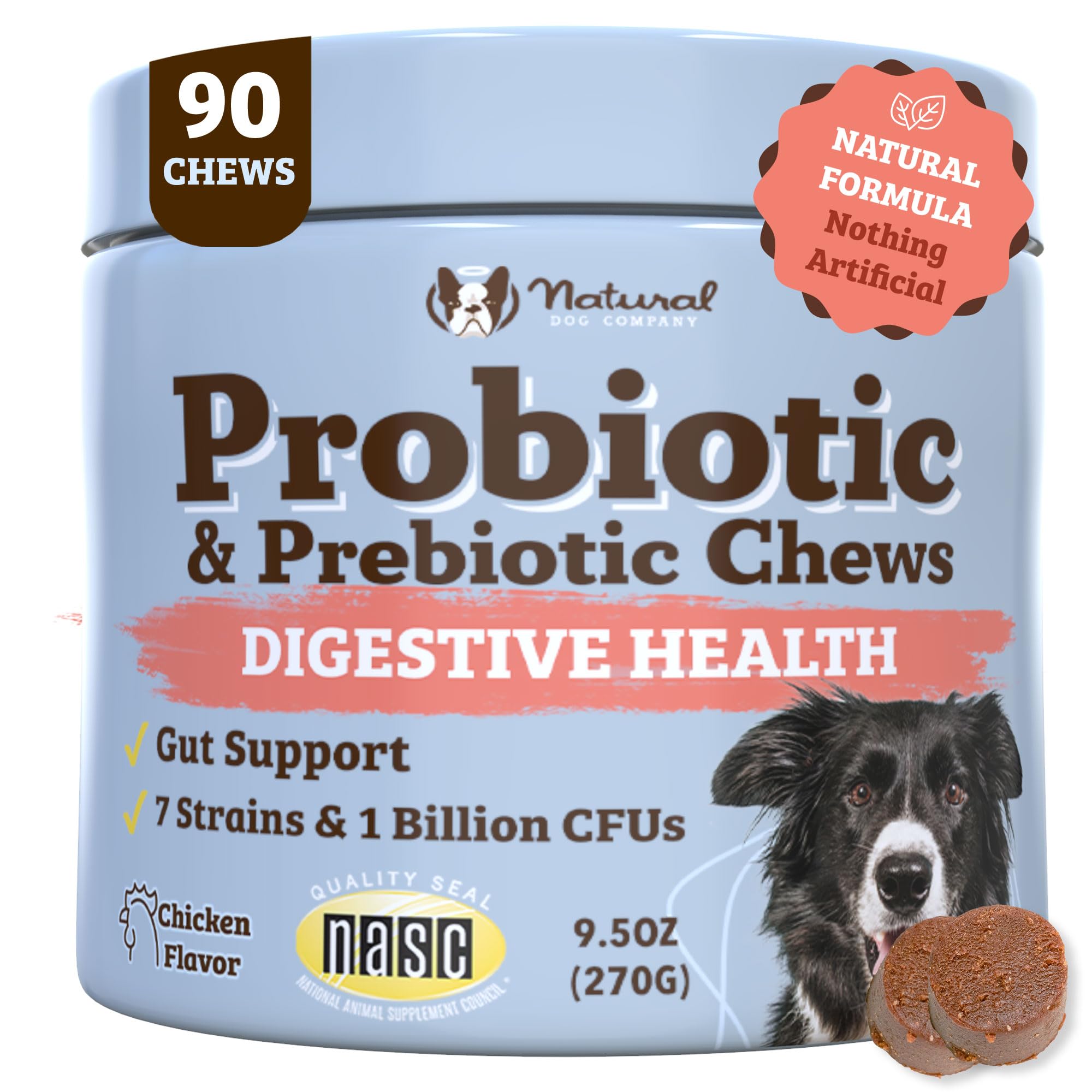 Natural Dog Company Probiotic Chews for Dogs (90 Bites), Chicken Flavor, Helps with Digestion & Gut Health Supports Immune System, Probiotics Supplement for Dogs of All Ages, Sizes & Breeds.