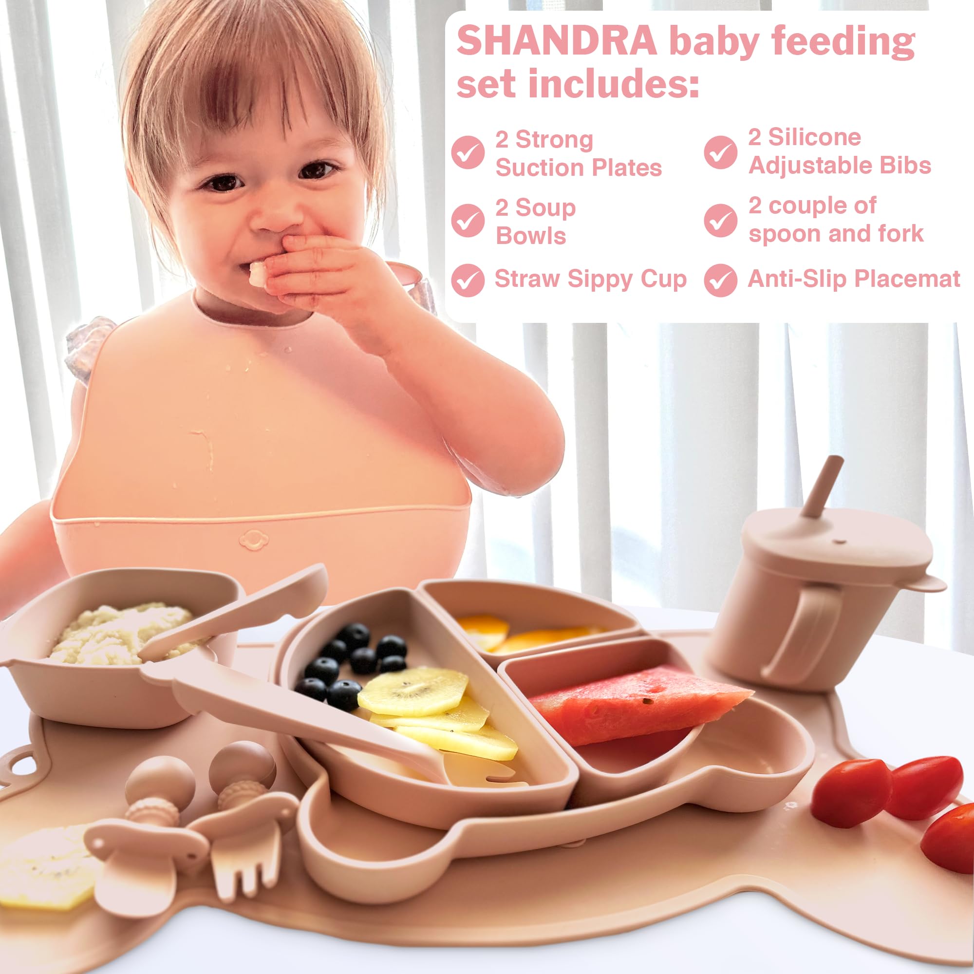 Shandra Silicone Baby Feeding Set (12 pcs) - Baby Led Weaning Supplies - Baby Feeding Accessories - Suction Divided Plate, Plates and Bowls, Sippy Cup Straw & Lid, Bibs, Spoons, Forks (Pink)