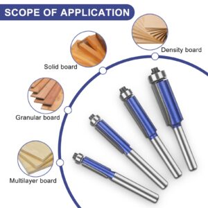 UTRUSTTO Professional Straight Flush Trim Router Bits 1/4 Inch Shank, Top Bearing Flush Trim Router Bit Set, Cutting Height Respectively 13/16", 1-1/16", 1-3/16", 1-7/32".