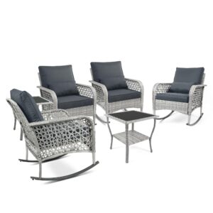 cirmubuy 6-piece patio furniture set,outdoor rocking chairs set of 2, patio conversation set with 4 wicker chairs with 2 glass coffee tables and cushions for garden,porch (dark grey)