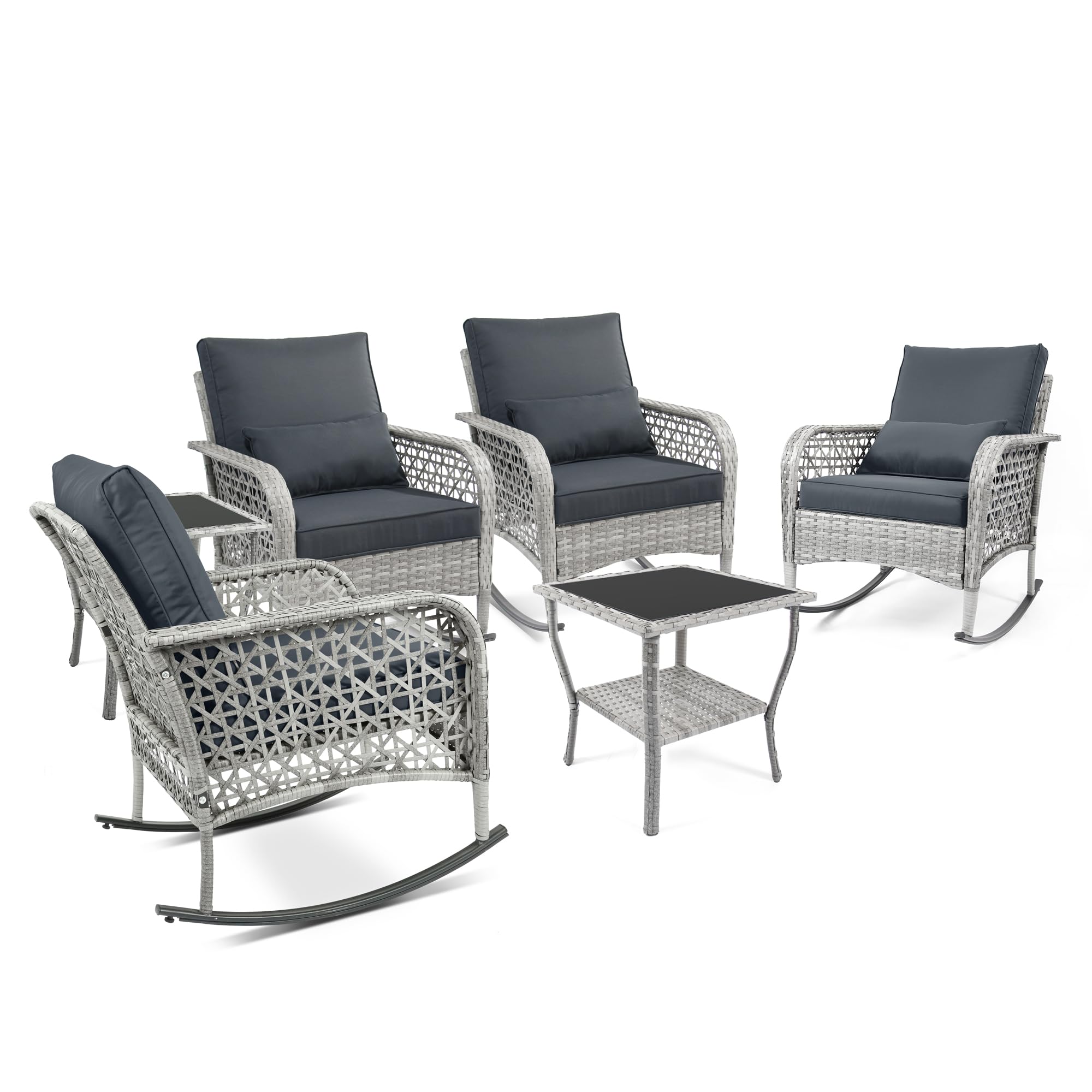 CIRMUBUY 6-Piece Patio Furniture Set,Outdoor Rocking Chairs Set of 2, Patio Conversation Set with 4 Wicker Chairs with 2 Glass Coffee Tables and Cushions for Garden,Porch (Dark Grey)