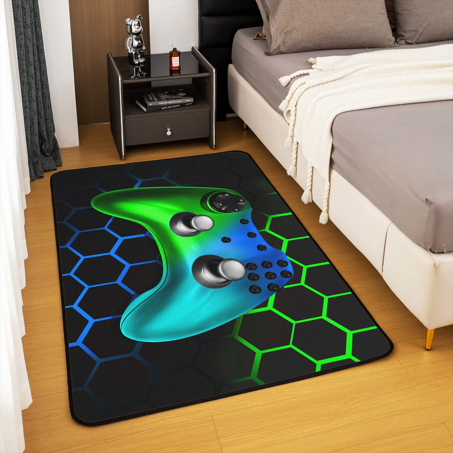 Gamer Area Rug 3'x5' Gaming Honeycomb Blue Green Rugs Mat for Living Room Bedroom Game Room Decor Grey Decor Gamepad Carpet Non Slip Modern Game Console Controller Area Runner Rug