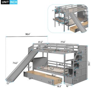 Harper & Bright Designs Twin Over Twin Bunk Bed with Stairs, Slide, Desk, Solid Wood Bunk Bed with Storage Drawers and Shelves, for Kids Teens Adults (Gray)