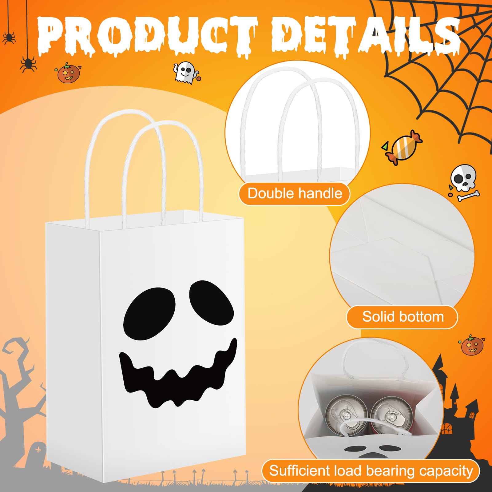 Honoson 24 Pieces Ghost Halloween Treat Bags Halloween Paper Gift Bags Halloween Goodie Bags with Handles Halloween Goodie Candy Bag Trick or Treat Party Favor Bags for Halloween Party Supplies