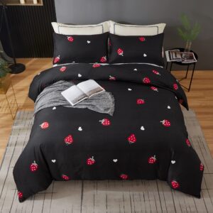 lamejor black duvet cover set twin size red strawberry print soft bedding set comforter cover (1 duvet cover + 2 pillowcases)