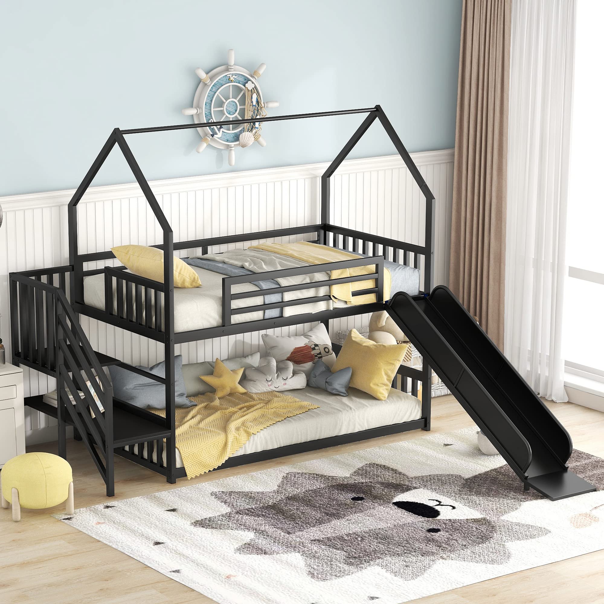 House Bunk Bed Twin Over Twin, Low Bunk Bed with Slide and Storage Stairs, Heavy-Duty Metal Playhouse Bunk Bed Frame for Kids Boys Girls Teens, Black