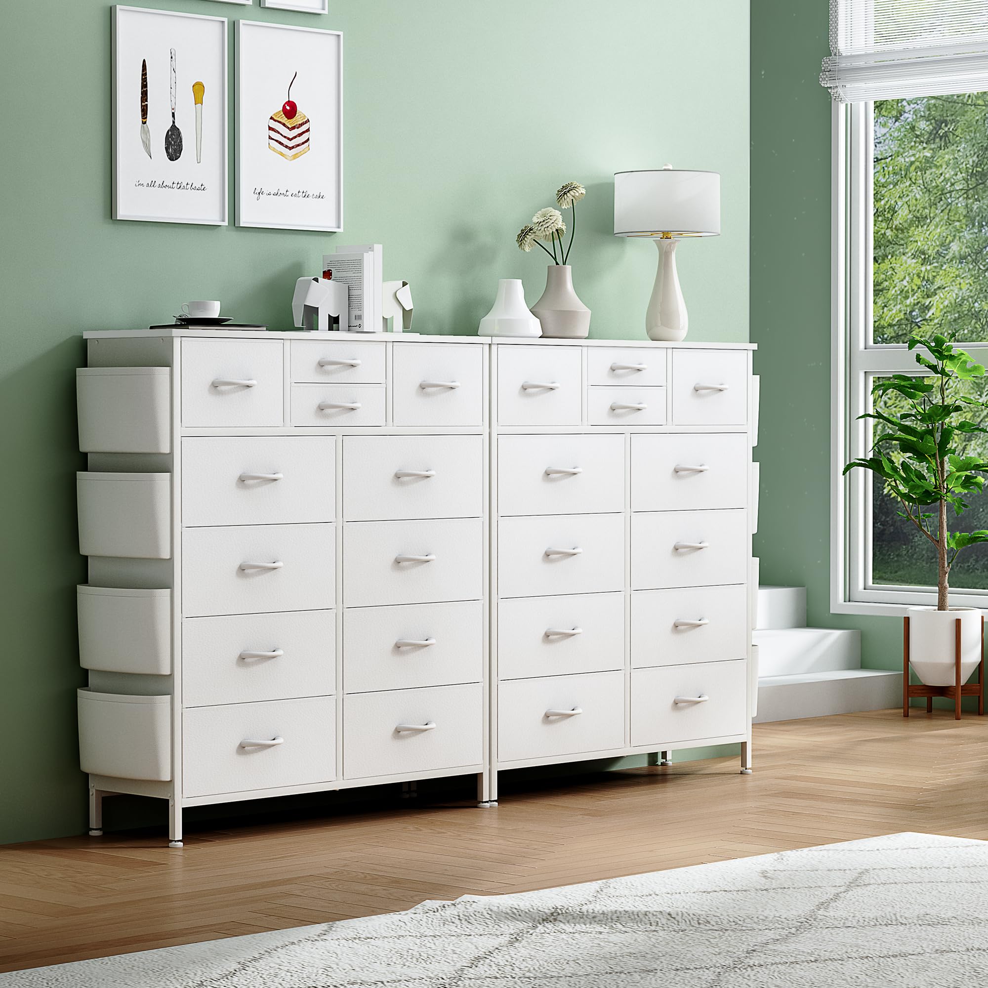 Lulive Dresser for Bedroom with 12 Drawers, Tall Dresser Chest of Drawers with Side Pockets and Hooks, Fabric Dresser Storage Tower for Closet, Hallway, Living Room (White)