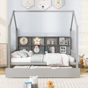 Merax Full Size Wooden House Bed,Solid Wood Full Bed Frames with Trundle and Shelf,Kids House Bed,Gray