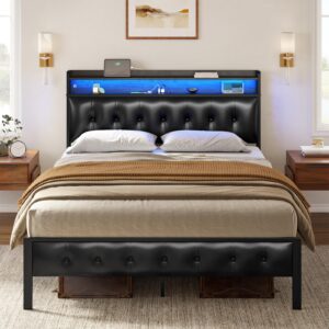 hausource queen bed frame with storage headboard & footboard upholstered platform bed with led lights usb ports & outlets no box spring needed