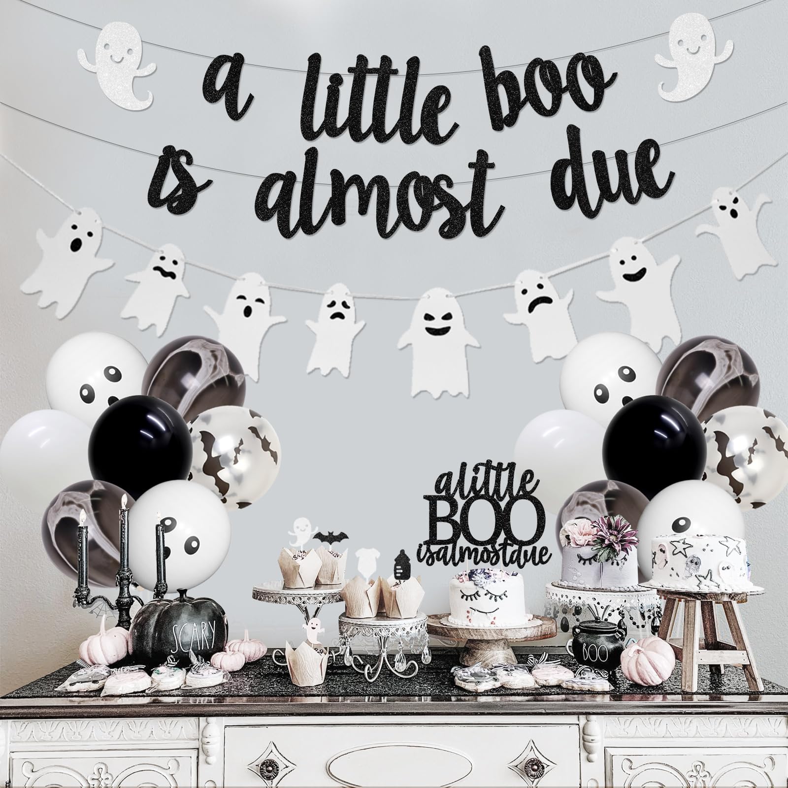 Balterever a Little Boo is Almost Due Baby Shower Decoration Black White Halloween Baby Shower Decoration with a Little Boo is Almost Due Banner Ghost Garland for Halloween Baby Shower Gender Reveal