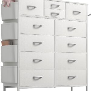 Lulive Dresser for Bedroom with 12 Drawers, Tall Dresser Chest of Drawers with Side Pockets and Hooks, Fabric Dresser Storage Tower for Closet, Hallway, Living Room (White)