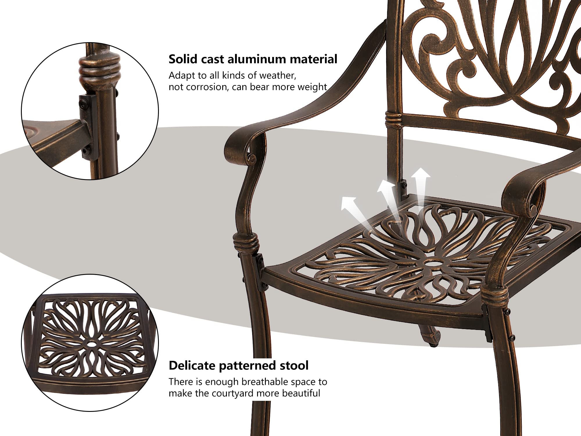 TITIMO 5-Piece Cast Aluminum Outdoor Patio Dining Set, 4 Pattern Chairs and 35.4" Round Table,Cast Aluminum Conversation Set with 2.2” Umbrella Hole (Without Cushions, 1 Round Table + 4 Chairs)