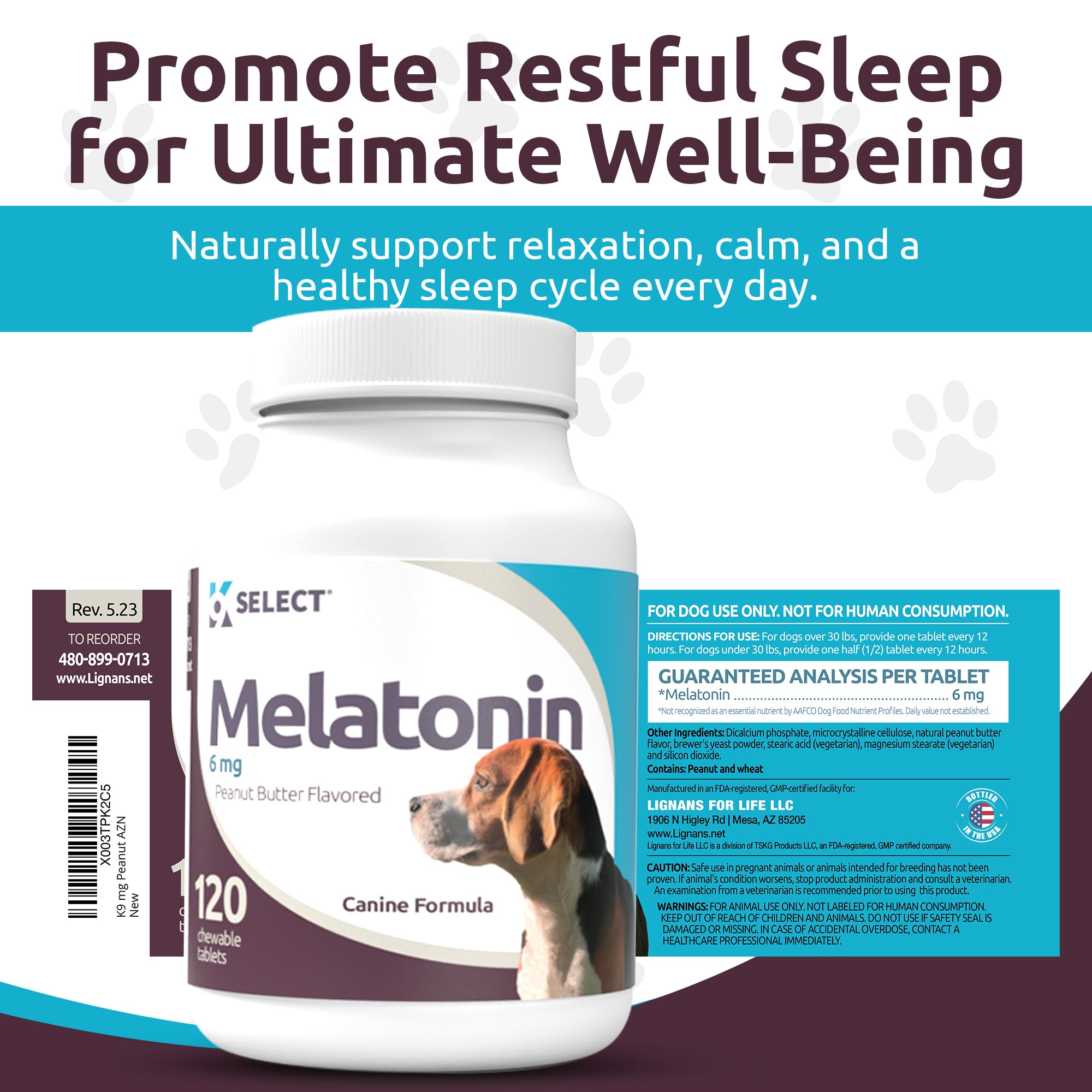 K9 Select Melatonin for Dogs - Calming Chews - Dog Melatonin for Sleep - Reduce Stress, Helps Composure Calming Treats for Large Dogs - 6 mg, 120 Peanut Butter Flavored Chewable Tablets