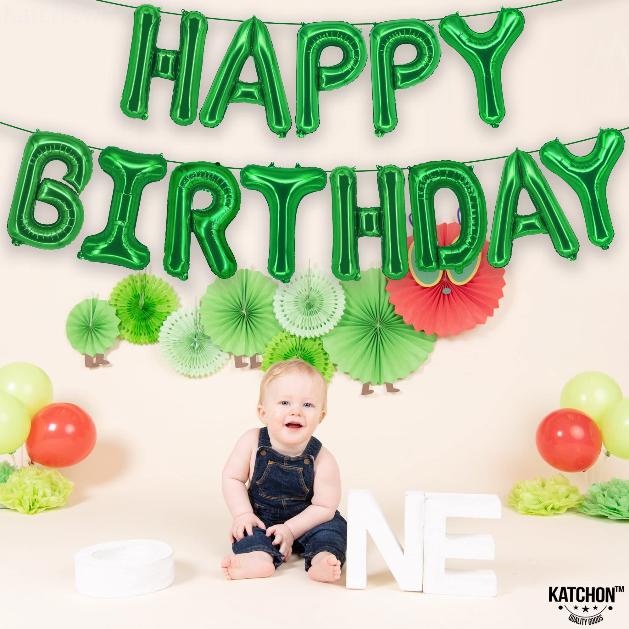 KatchOn, Green Happy Birthday Balloons - 16 Inch | Green Happy Birthday Banner, Green Birthday Sign | Jungle Party Decorations | Green Happy Birthday Sign for Emerald Green Birthday Decorations Women