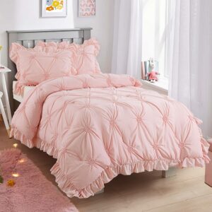 HOMBYS Pink Bedding Comforter Set for Girls, 3 Piece Blush Pinch Pleat Comforter Set with Ruffles for All Season，Twin Size