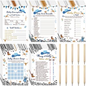 145 pcs baby shower games for boy or girl 5 game activities card with 20 pencils include baby shower bingo, guess who, description and well wishes, word scramble game (cowboy style)