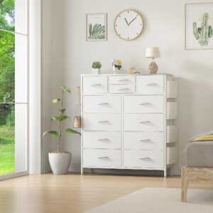 Lulive Dresser for Bedroom with 12 Drawers, Tall Dresser Chest of Drawers with Side Pockets and Hooks, Fabric Dresser Storage Tower for Closet, Hallway, Living Room (White)