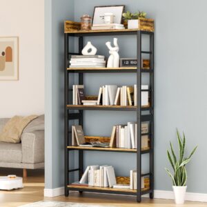 Aquzee Bookshelf, 66" H 5-Tiers Heavy Duty Industrial Shelving Wood & Metal Bookcase, Rustic and Black Tall Shelf Units for Home, Office, Living Room