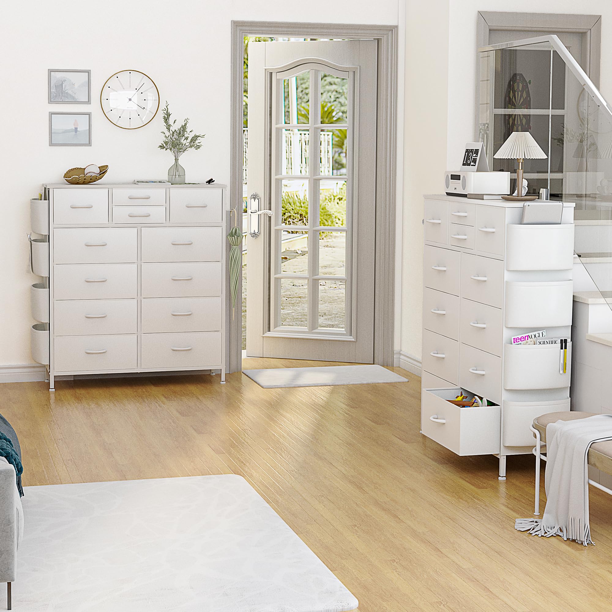 Lulive Dresser for Bedroom with 12 Drawers, Tall Dresser Chest of Drawers with Side Pockets and Hooks, Fabric Dresser Storage Tower for Closet, Hallway, Living Room (White)