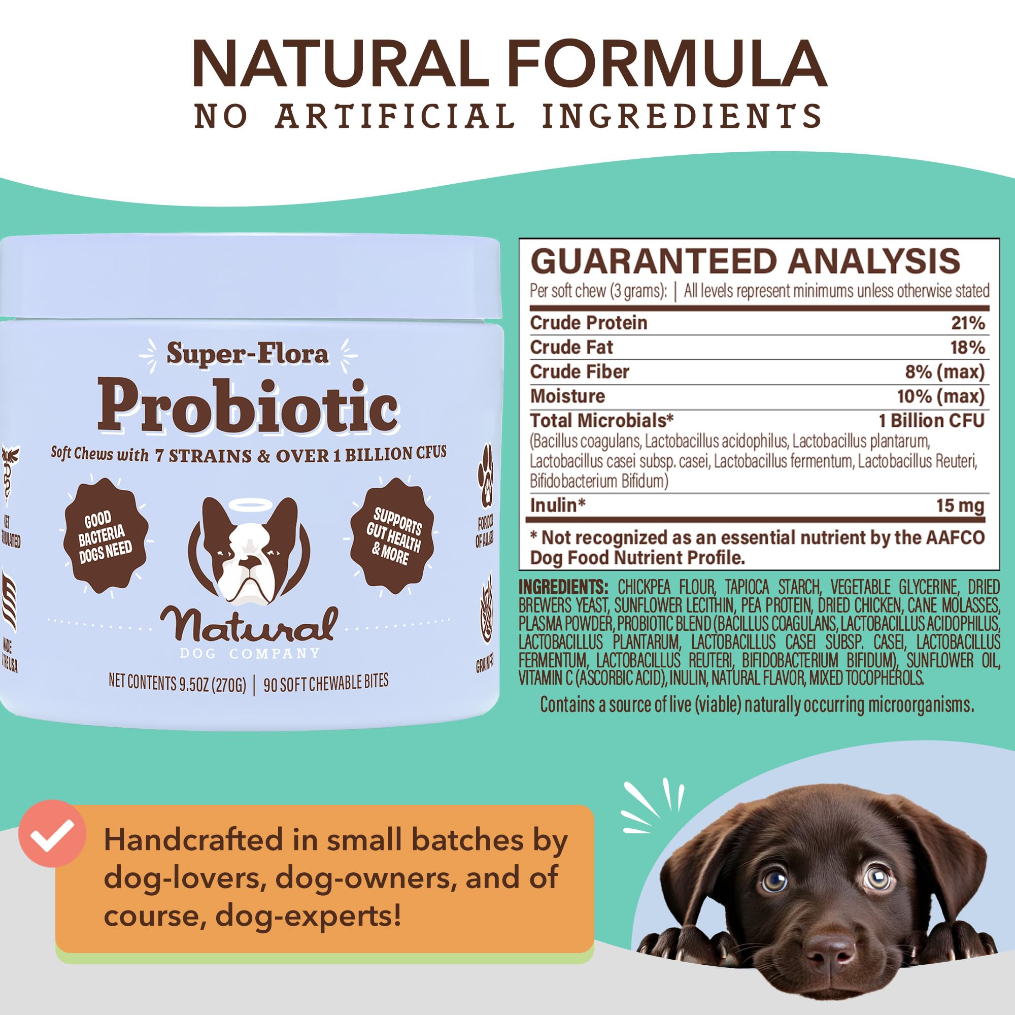 Natural Dog Company Probiotic Chews for Dogs (90 Bites), Chicken Flavor, Helps with Digestion & Gut Health Supports Immune System, Probiotics Supplement for Dogs of All Ages, Sizes & Breeds.