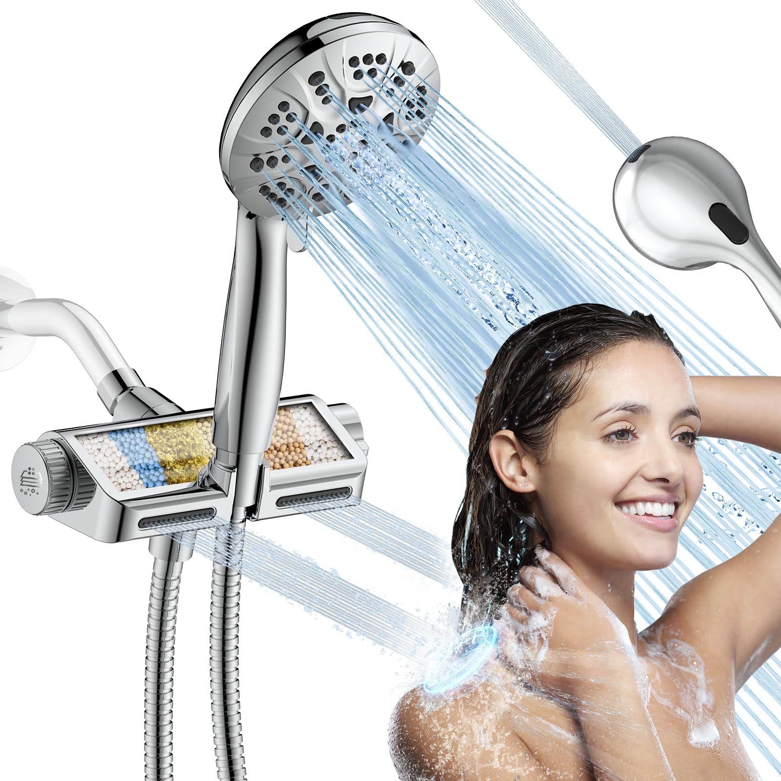 JDO Dual Shower Head with Handheld, 4-in-1 High Pressure Shower Head with Filter, SPA System, Massage Spray, Built in Power Wash, 7 Functions Rain Showerhead Combo with 79" Hose (Chrome)