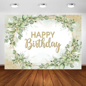 avezano sage green birthday party decorations sprinkle gold dots happy birthday backdrop greenery leaves bday photoshoot background banner (7x5ft)