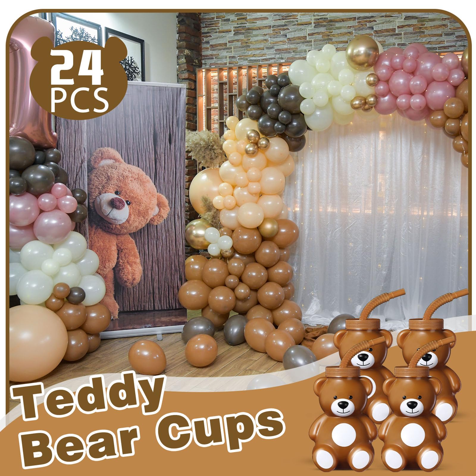 Maxdot 24 Pieces Baby Shower Birthday Party Favor Gift Supplies Bear Cups with Straws,10 oz Plastic Bear Shape Cup Reusable Creative Cups Bulk for Baby Shower Birthday Gift Wedding Party Favors(Brown)