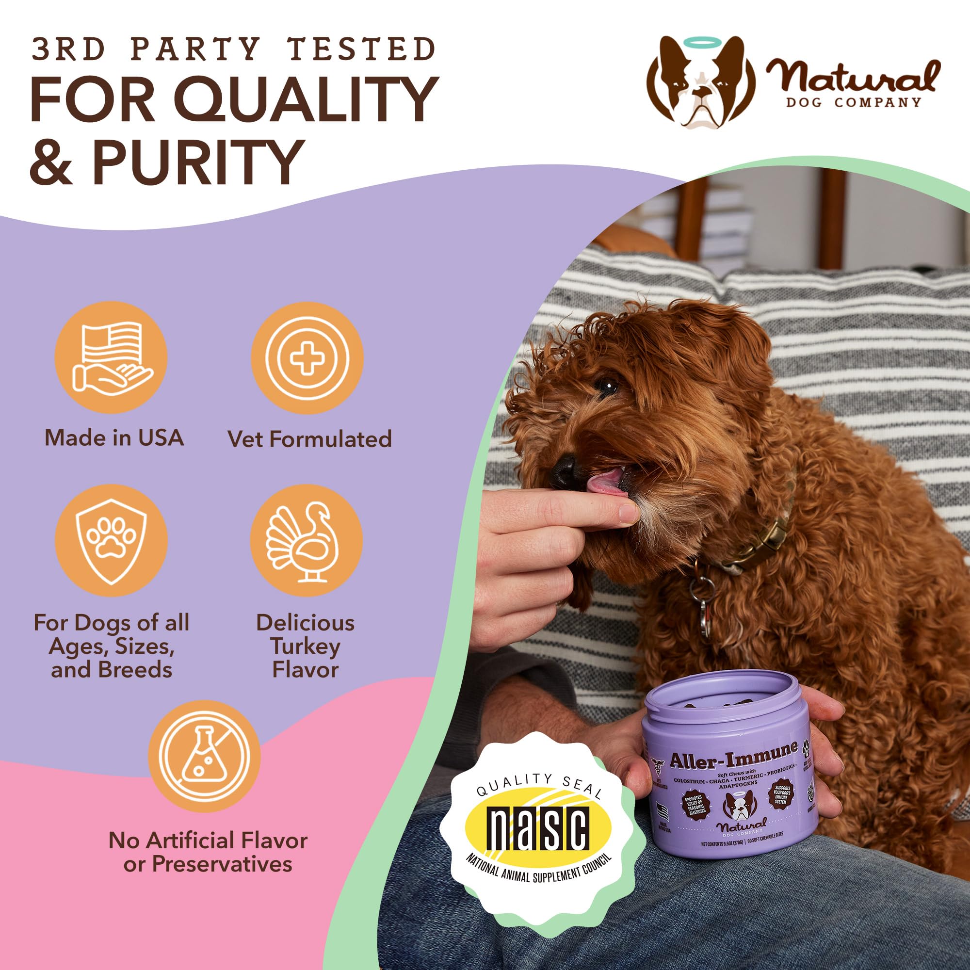 Natural Dog Company Aller-Immune Chews (90 Pieces), Turkey Flavor, Canine-Specific Probiotics, Allergy Immune Supplement for Dogs, Boosts Immune System, Antioxidant, Itch Relief for Dogs