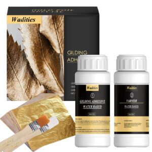 wadities gold leaf gilding adhesive set, 100ml water based metal leaf glue and 100ml varnish, gold leaf sheets 100 pcs, 2 brushes, for craft, painting and arts