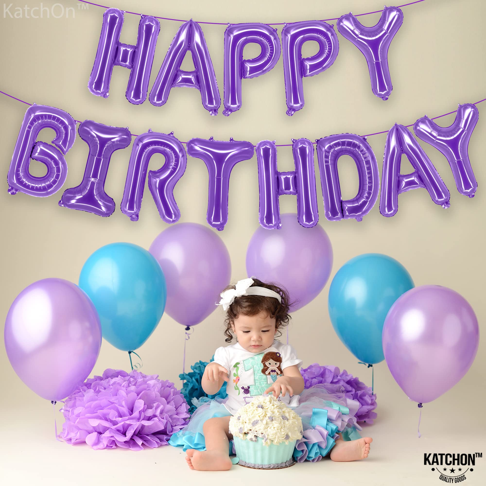 KatchOn, Purple Happy Birthday Balloons - 16 Inch, Helium Supported | Foil Happy Birthday Balloons Purple for Unicorn Birthday Decorations | Happy Birthday Balloon Banner, Purple Birthday Decorations