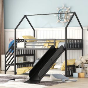 house bunk bed twin over twin, low bunk bed with slide and storage stairs, heavy-duty metal playhouse bunk bed frame for kids boys girls teens, black