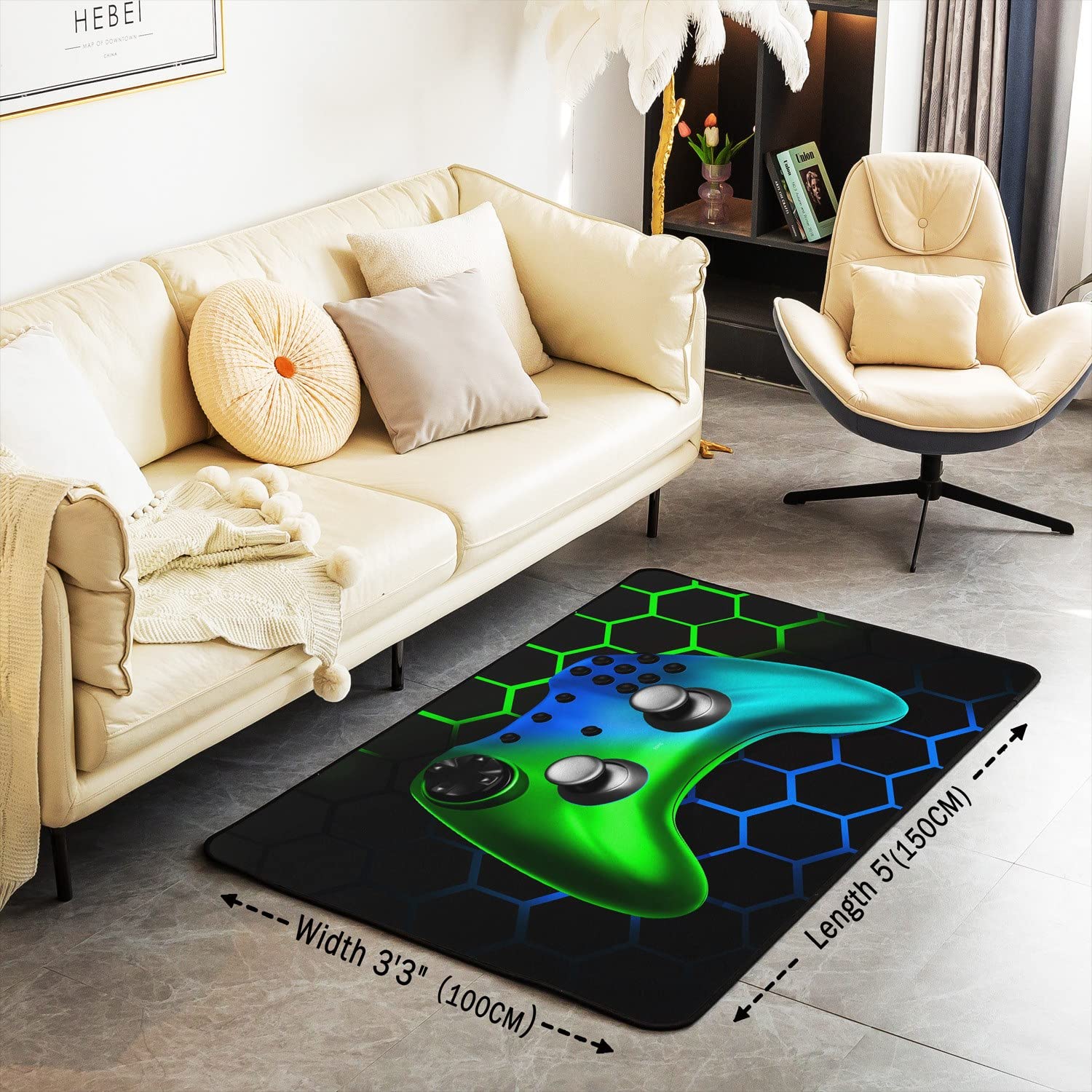 Gamer Area Rug 3'x5' Gaming Honeycomb Blue Green Rugs Mat for Living Room Bedroom Game Room Decor Grey Decor Gamepad Carpet Non Slip Modern Game Console Controller Area Runner Rug