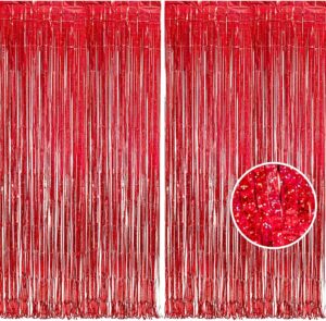 2pcs red foil fringe curtain backdrop, 8ft sparkle tinsel metallic curtains for birthday party wedding graduation photo booth backdrop valentines christmas halloween disco party decorations