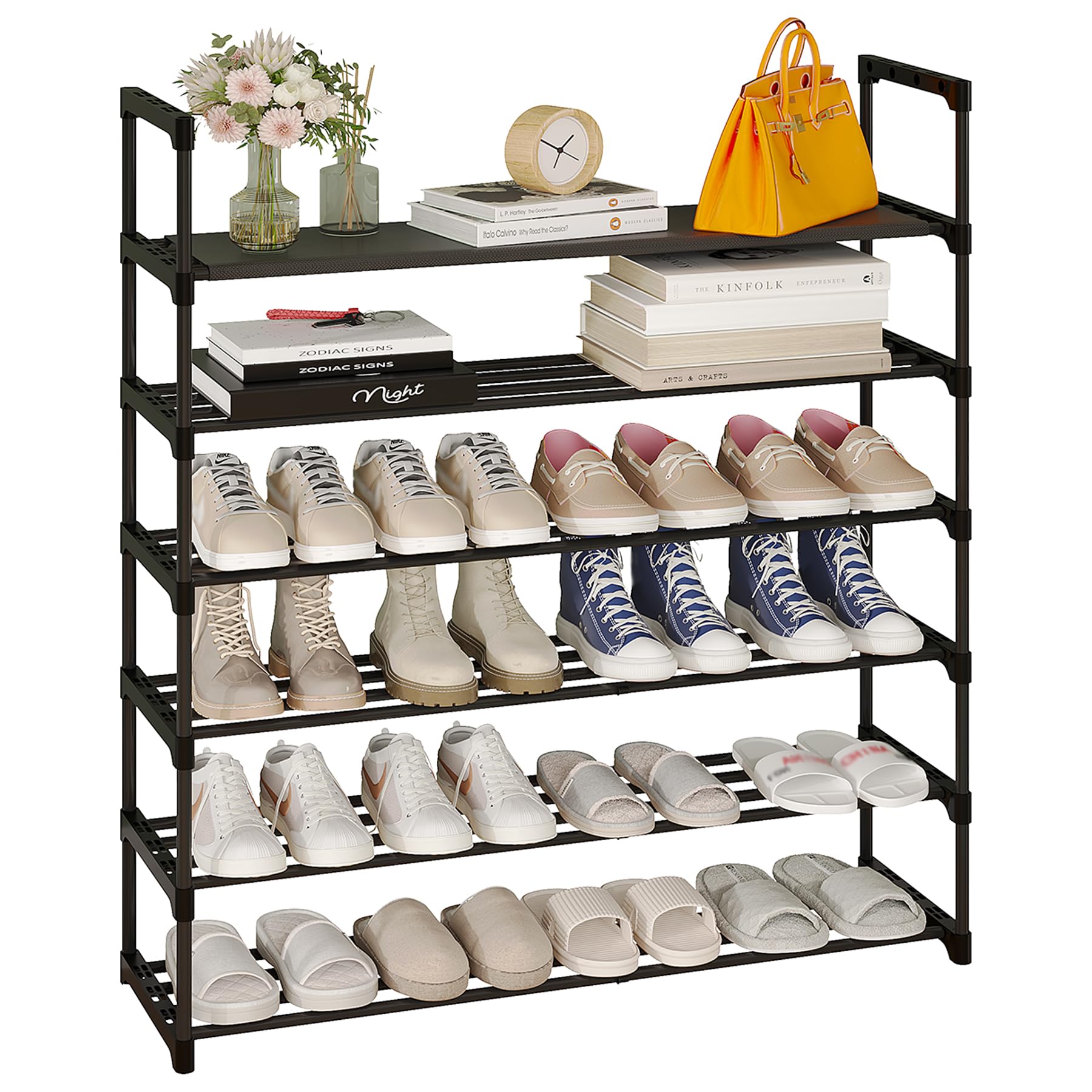 Calmootey 6-Tier Shoe Rack, Tall Large Capacity 30 Pairs Shoes Storage Organizer, Stackable Wide Shoe Shelf for Entryway, Hallway, Black