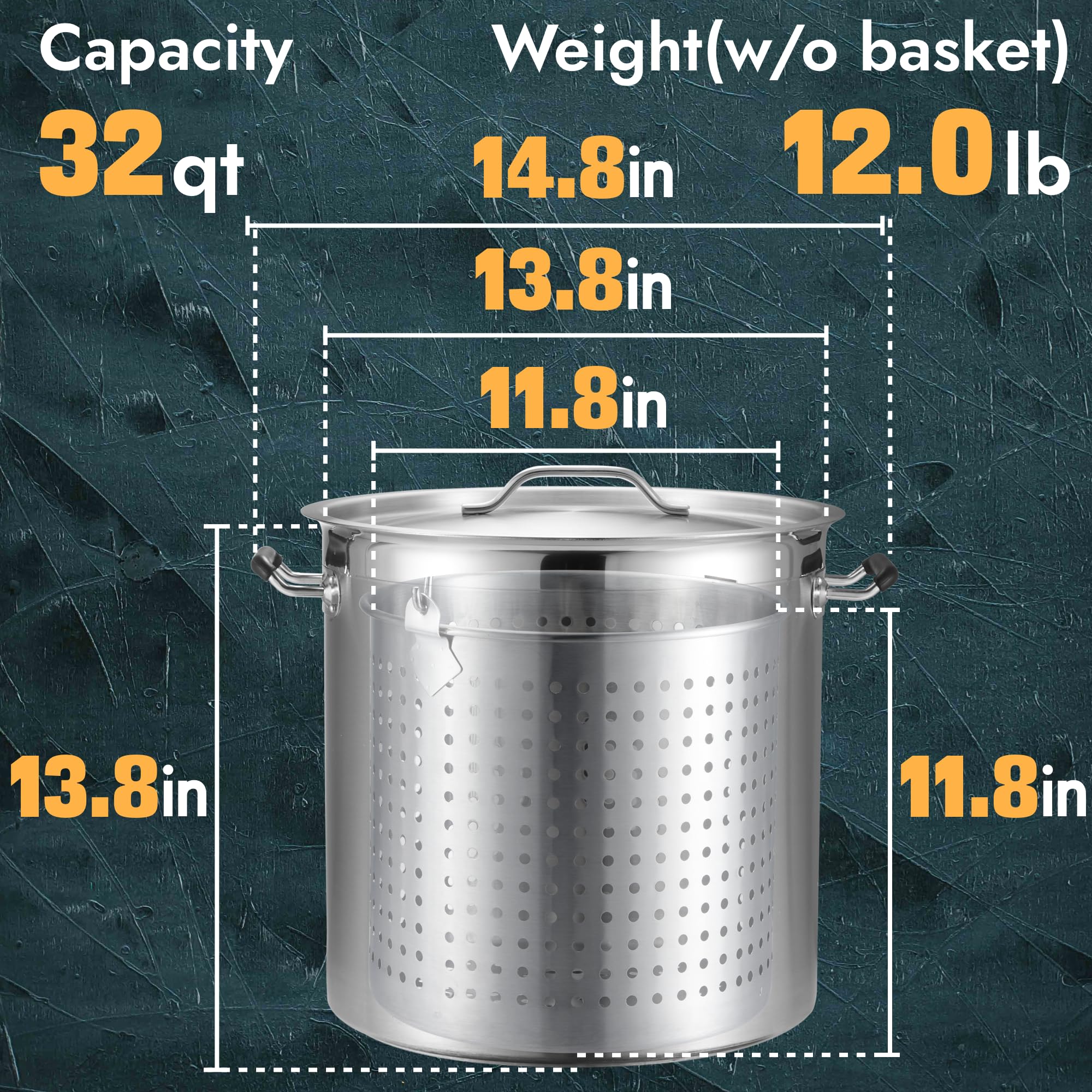 CURTA 32 Quart Large Stock Pot with Lid, NSF Listed, 3-Ply Clad Base, Heavy Gauge 18/8 Stainless Steel Cooking Pot, Commercial Cookware for Soup, Stew & Sauce, Riveted Silicone Handle, Induction Ready