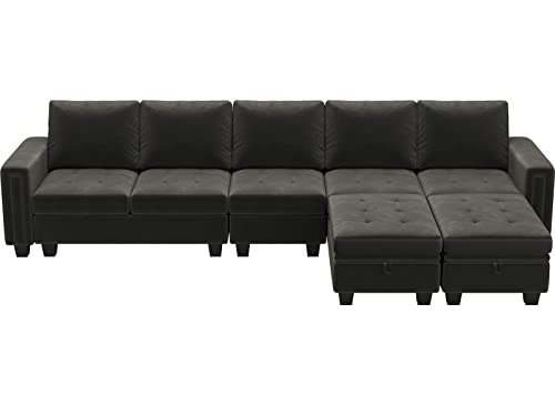 Belffin Large Velvet L Shaped Sectional Sofa Couch with Reversible Double Chaises Modular Sectional Sofa Couch with Storage Ottomans Convertible Sectional Sofa Grey