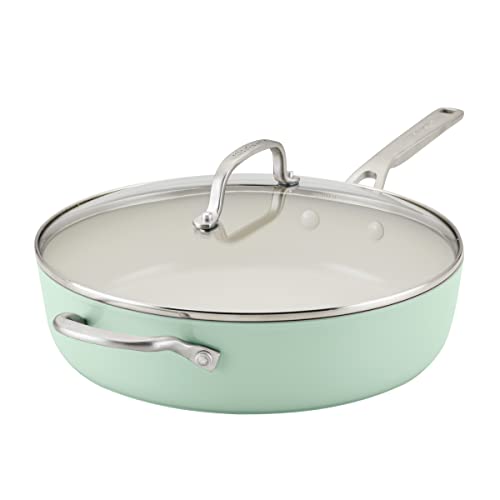 KitchenAid Hard Anodized Ceramic 5-Quart Nonstick Sauté Pan with Shatter-Resistant Lid & Riveted Handle – Durable, Even Heating, Easy Clean, Oven Safe to 500°F, Pistachio