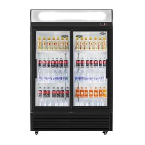 fricool merchandiser refrigerator 2 sliding doors, 31 cu ft beverage display cooler, commercial upright fridge with led lighting, adjustable shelves for displaying beverages and drinks, black