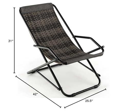 Tangkula Wicker Sling Chair Outdoor, Patio Deck Chair with Rattan Seat, Metal Frame, Armrests, Portable Folding Beach Chair for Porch, Poolside, Balcony, Garden