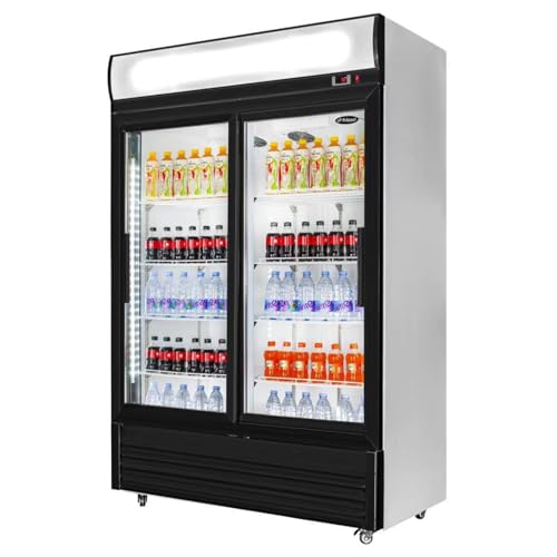 FRICOOL Merchandiser Refrigerator 2 Sliding Doors, 31 cu ft Beverage Display Cooler, Commercial Upright Fridge with LED Lighting, Adjustable Shelves for Displaying Beverages and Drinks, Black