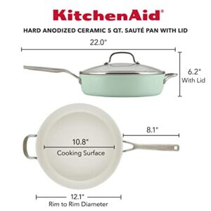 KitchenAid Hard Anodized Ceramic 5-Quart Nonstick Sauté Pan with Shatter-Resistant Lid & Riveted Handle – Durable, Even Heating, Easy Clean, Oven Safe to 500°F, Pistachio