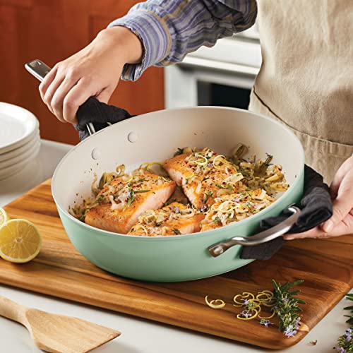 KitchenAid Hard Anodized Ceramic 5-Quart Nonstick Sauté Pan with Shatter-Resistant Lid & Riveted Handle – Durable, Even Heating, Easy Clean, Oven Safe to 500°F, Pistachio