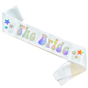 magnusson's garden the bride iridescent sash, 70s retro hippie disco themed bachelorette bridal shower engagement party décor, miss to mrs, future wifey, feyonce, future mrs sash