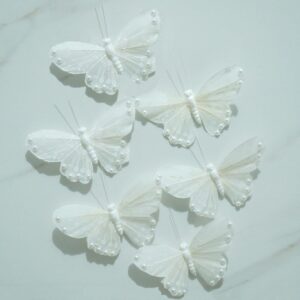 white butterfly stickers for walls: 6pcs 3d feather butterflies wall decor with pearls glitters for girls bedroom baby shower wedding cake office decor decorative butterfly wall decals for bathroom