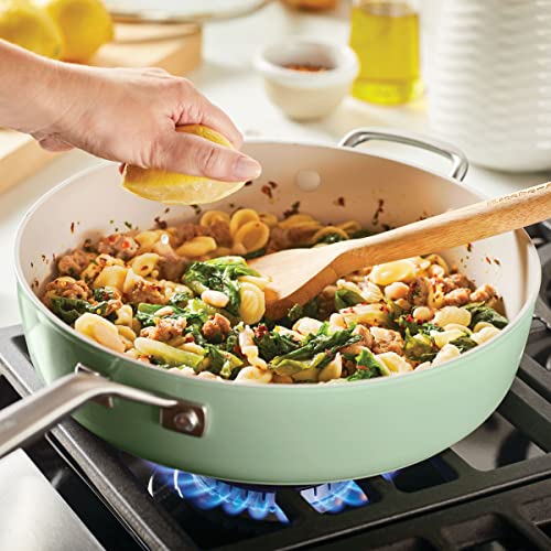 KitchenAid Hard Anodized Ceramic 5-Quart Nonstick Sauté Pan with Shatter-Resistant Lid & Riveted Handle – Durable, Even Heating, Easy Clean, Oven Safe to 500°F, Pistachio