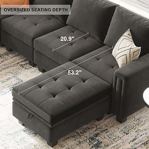 Belffin Large Velvet L Shaped Sectional Sofa Couch with Reversible Double Chaises Modular Sectional Sofa Couch with Storage Ottomans Convertible Sectional Sofa Grey