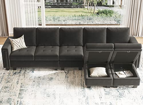 Belffin Large Velvet L Shaped Sectional Sofa Couch with Reversible Double Chaises Modular Sectional Sofa Couch with Storage Ottomans Convertible Sectional Sofa Grey